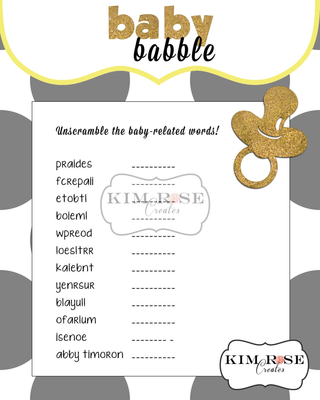 Baby Babble Word Scramble – Grey Polka Dot, Gold Pacifier (digital ...
