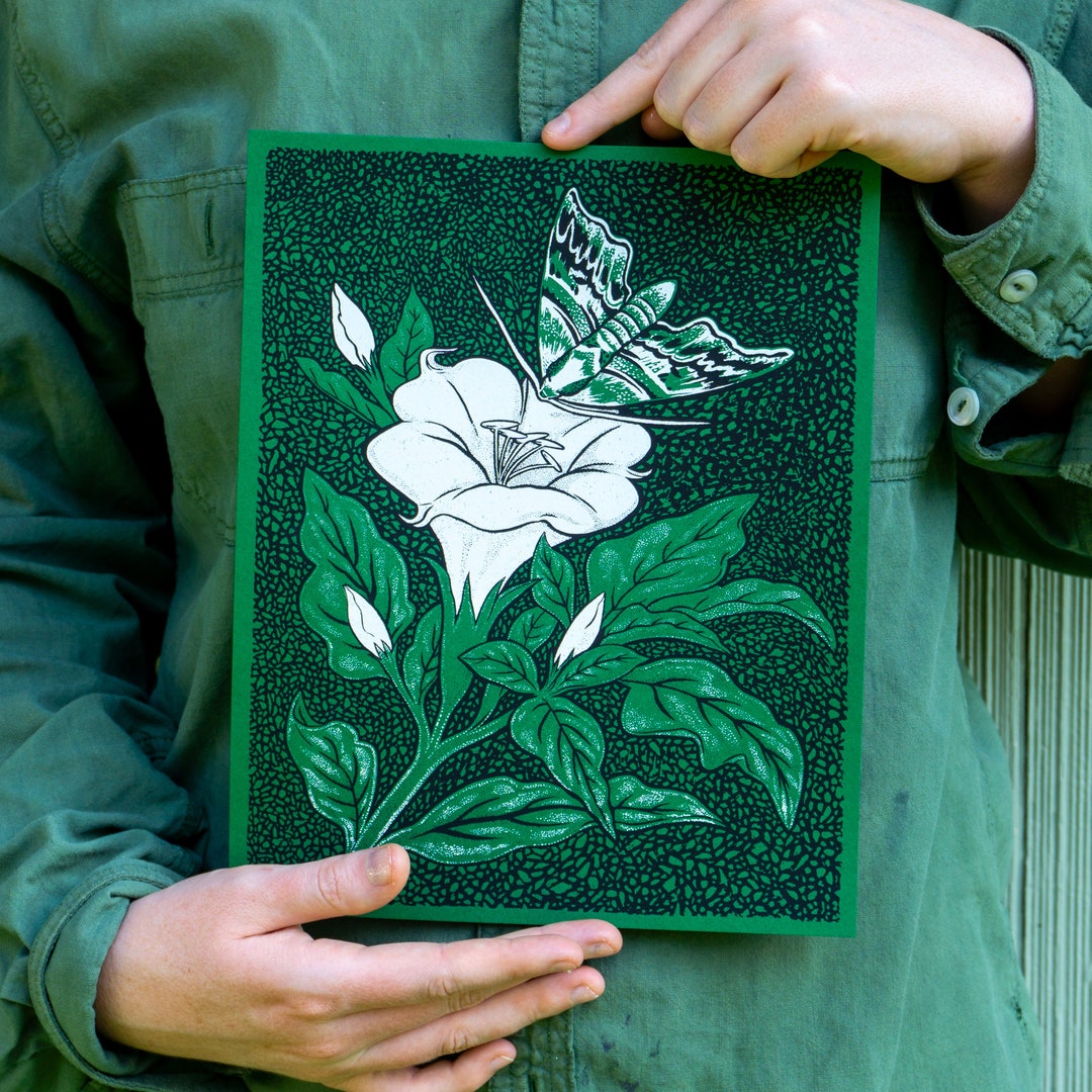 Night Garden Screenprinted Art Print, Blooming Moonflower Illustration ...