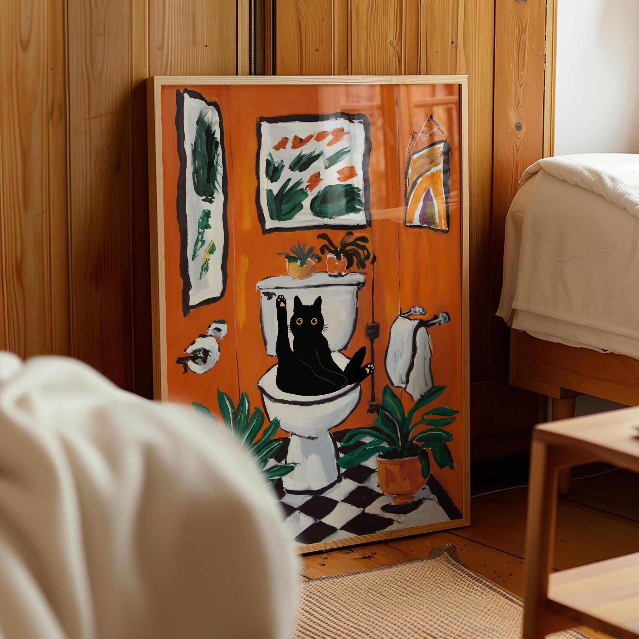 Bath Cat Print Matisse Funny Poster Pooping Print Orange Toilet Wall ...