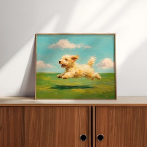 Running Puppy Art Print Cute Dog in Meadow Wall Art Happy Pet Poster ...
