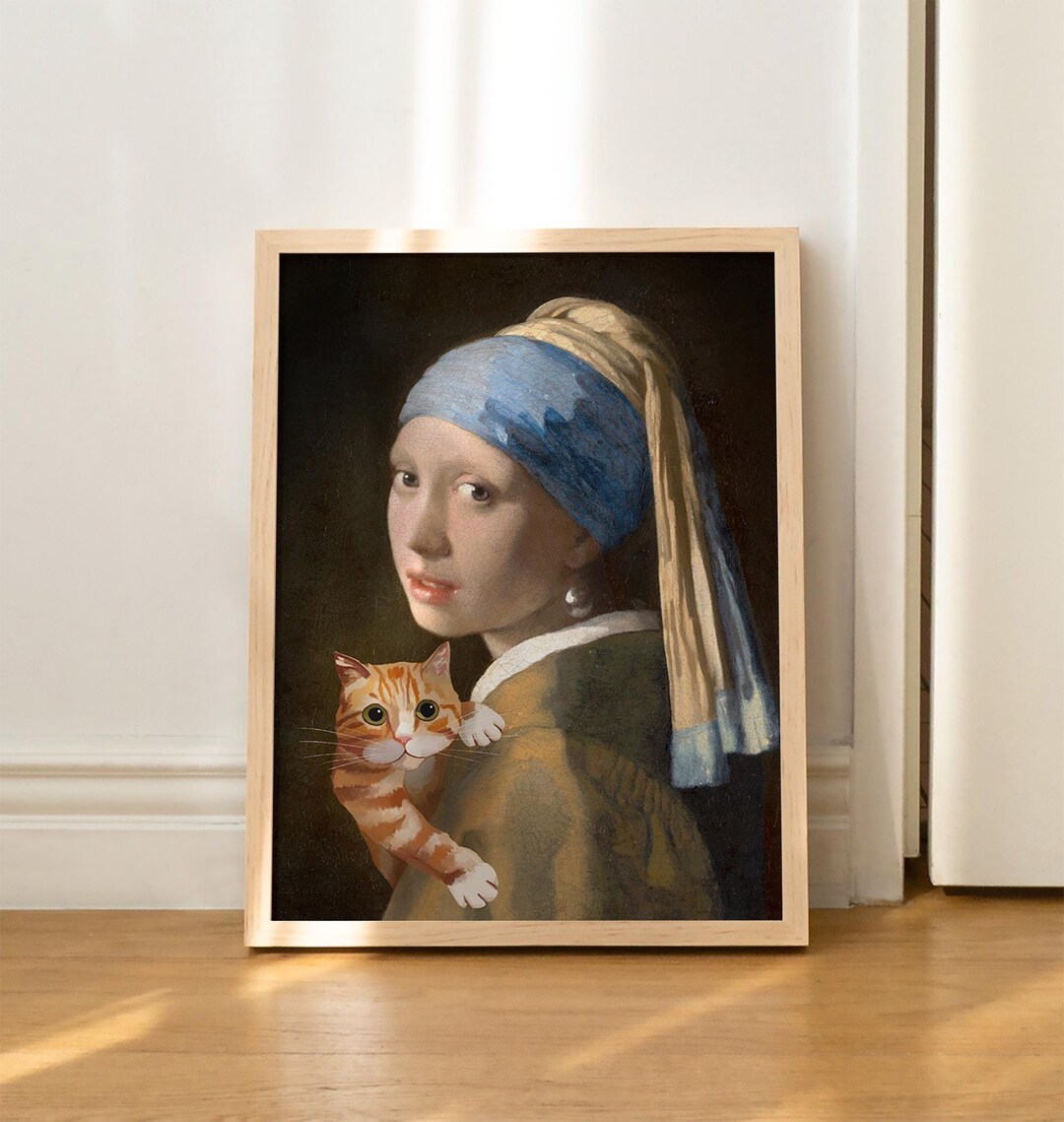 Cat Print Vermeer Girl With A Pearl Painting Art Funny Poster Gift ...
