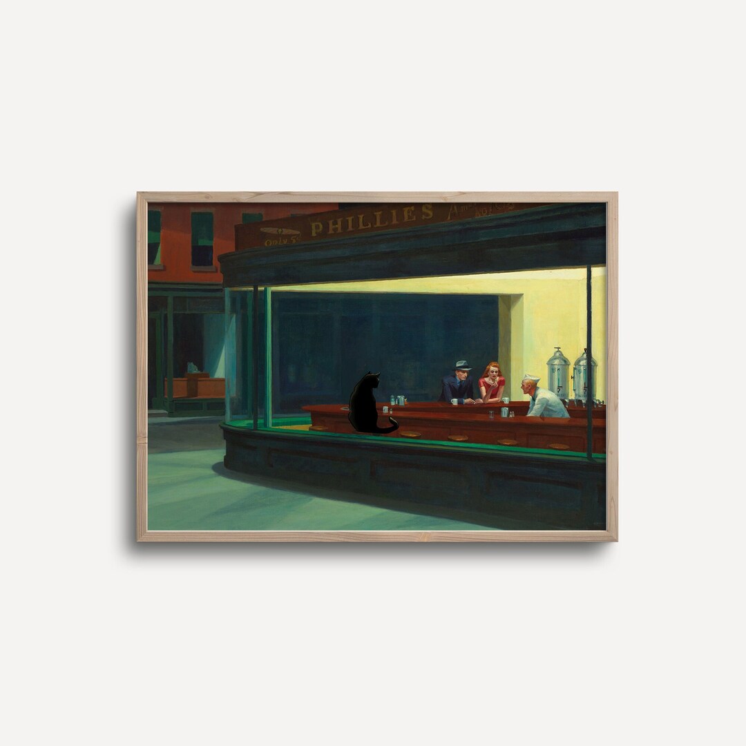 Cat Poster Famous Painting Hopper Nighthawks Funny Print Modern Art ...