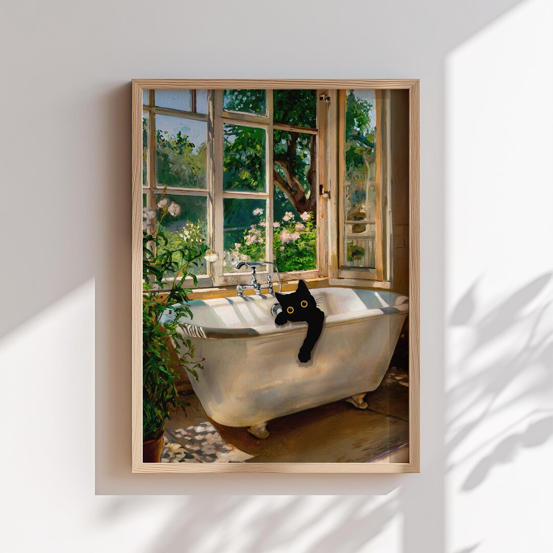 Black Cat in Bathtub Wall Art Print Monet Bathroom Illustration Bath ...