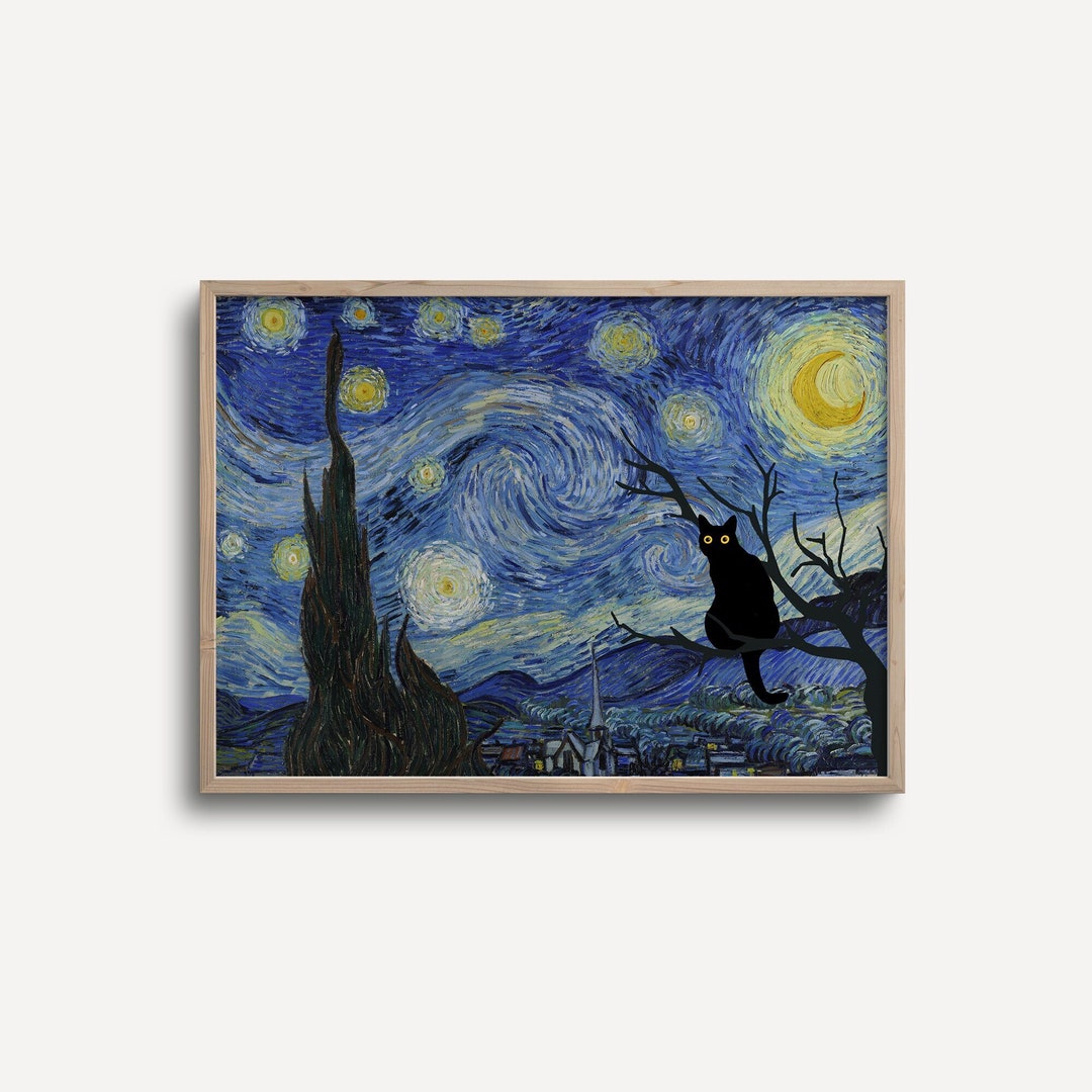 Cat Print Starry Night Vincent Van Gogh Black Cat Art Funny Gift - Etsy
