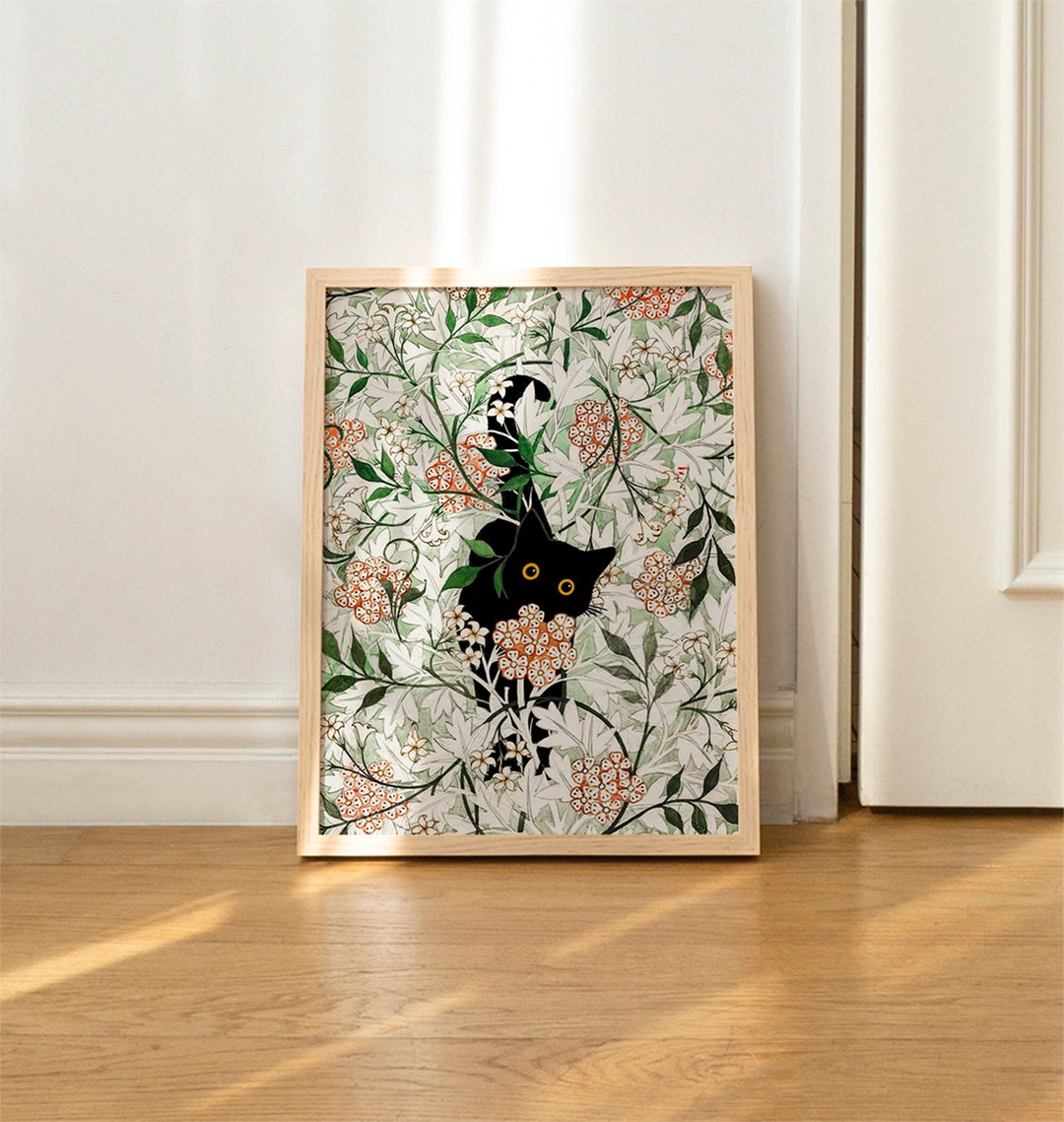 Cat Print William Morris Wall Art Poster Black Cat Floral Art Print ...