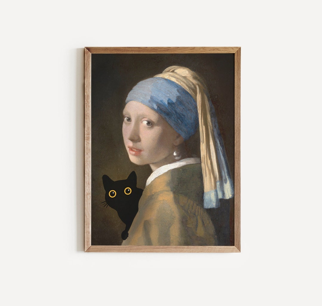 Cat Print Vermeer Girl With A Pearl Painting Art Funny Poster Gift ...