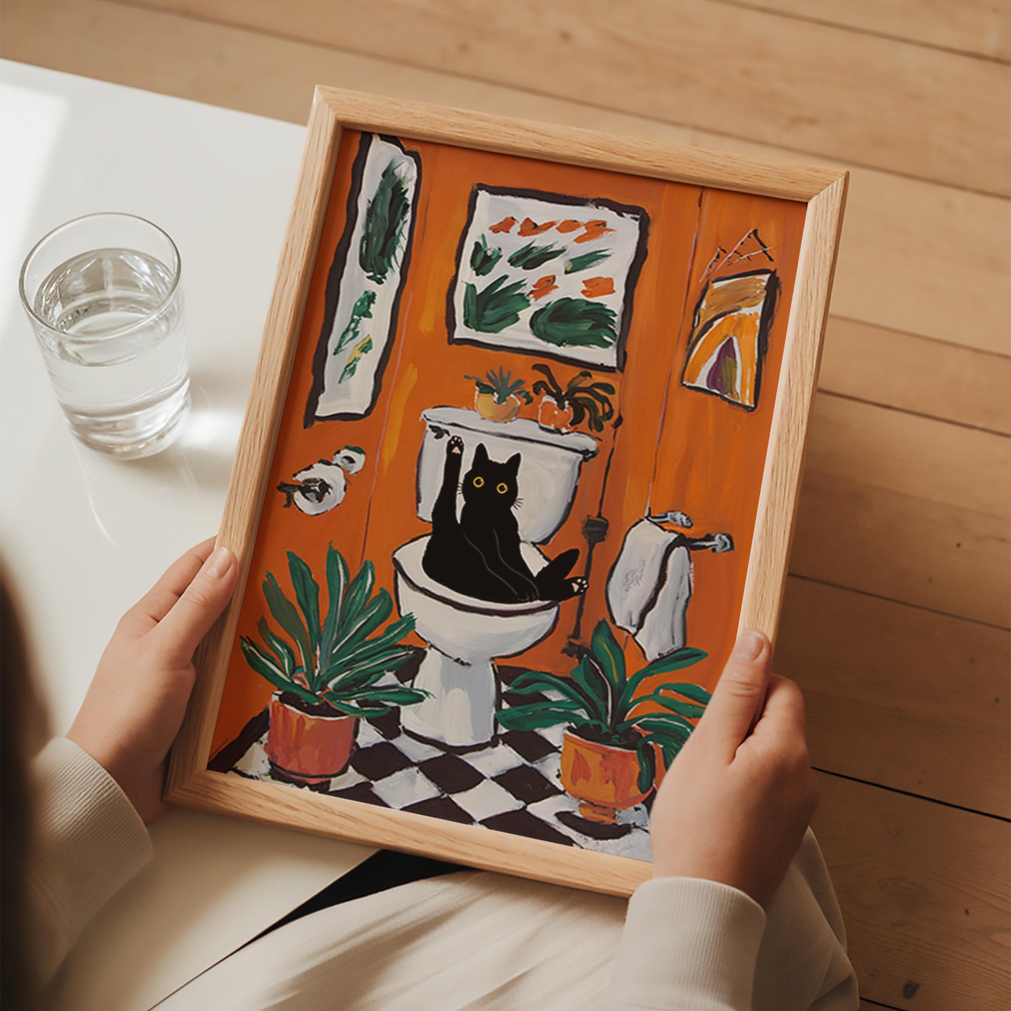 Bath Cat Print Matisse Funny Poster Pooping Print Orange Toilet Wall ...