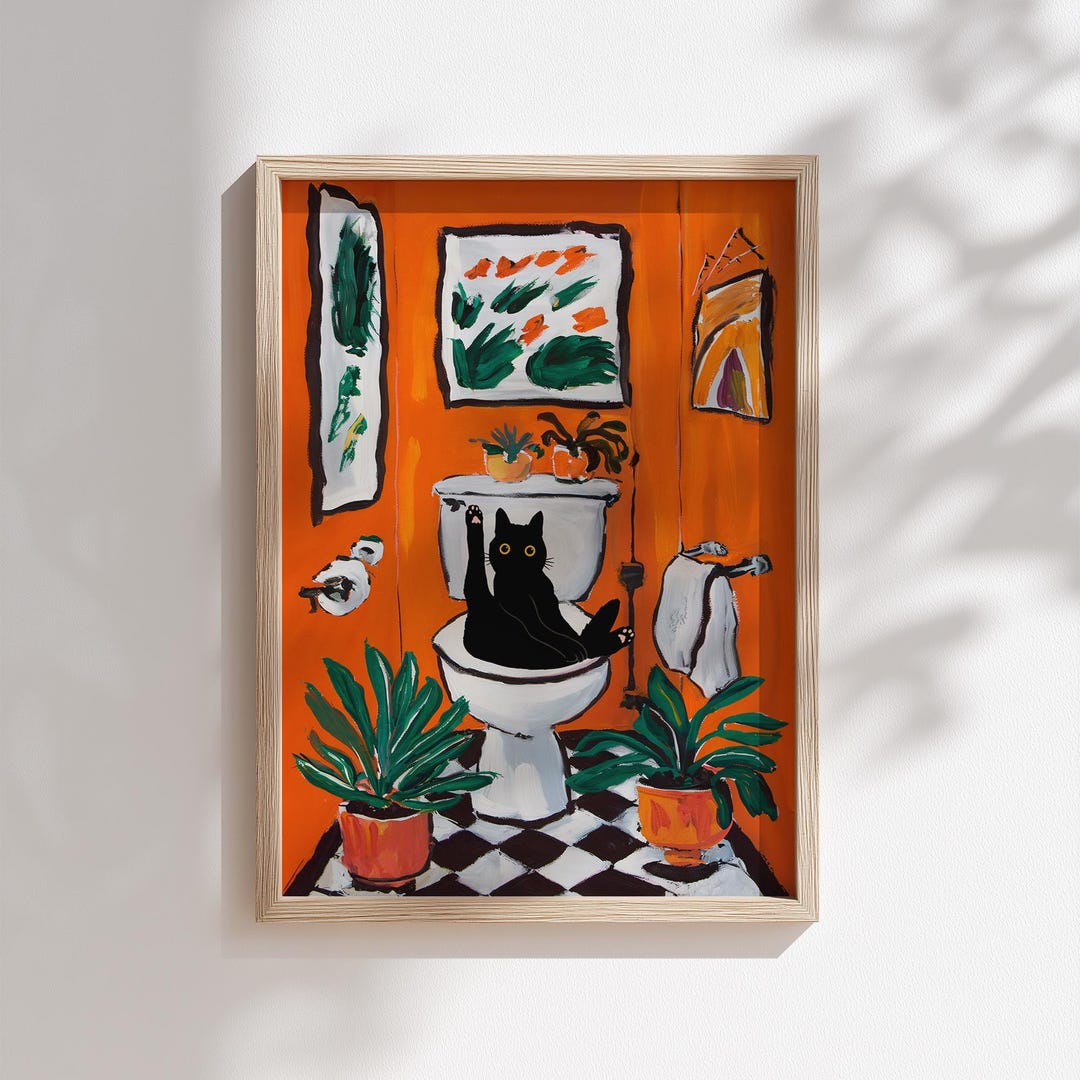 Bath Cat Print Matisse Funny Poster Pooping Print Orange Toilet Wall ...