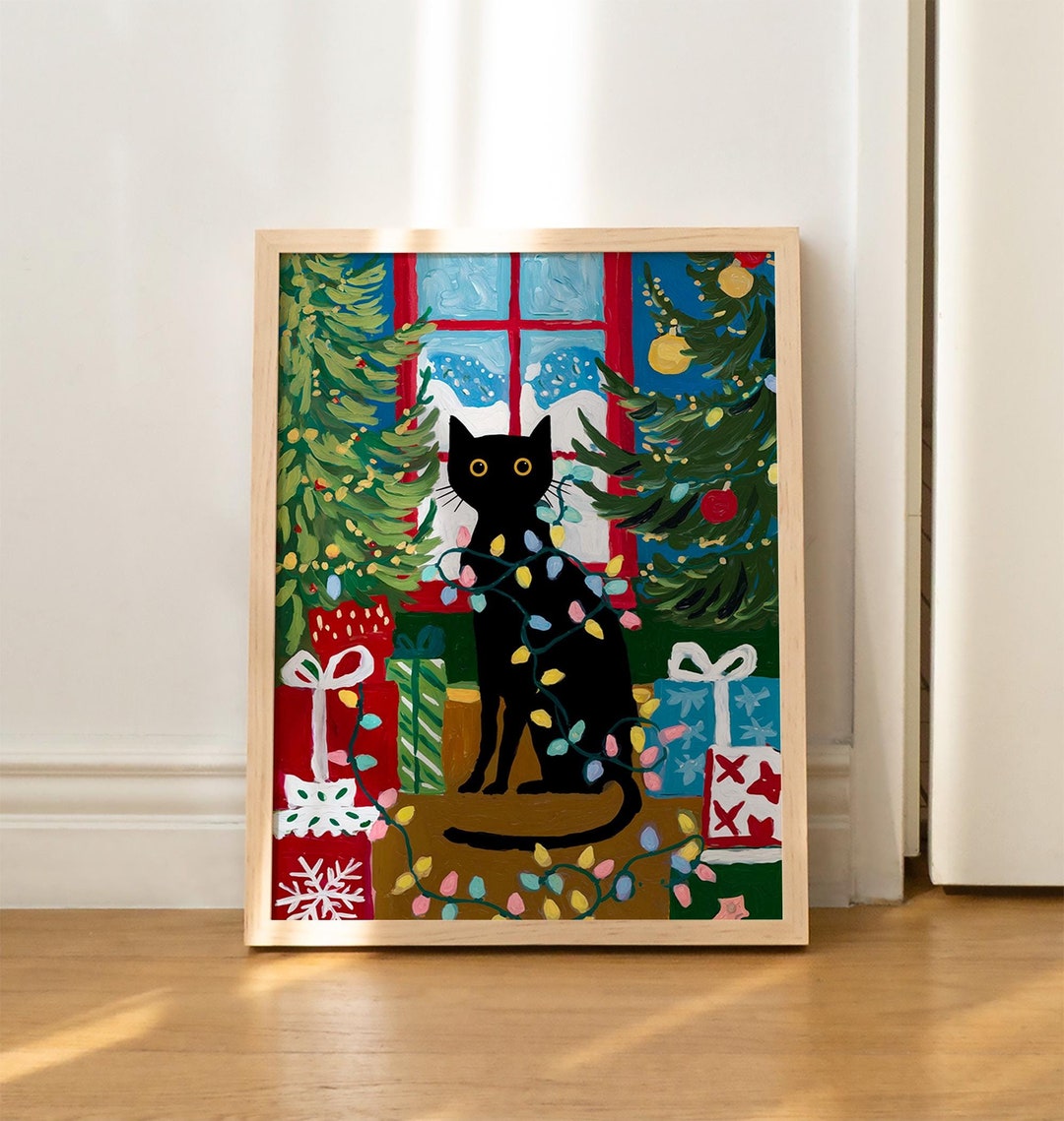 Cat Print Christmas Tree Festive Decoration Colorful Xmas Decor Cat ...