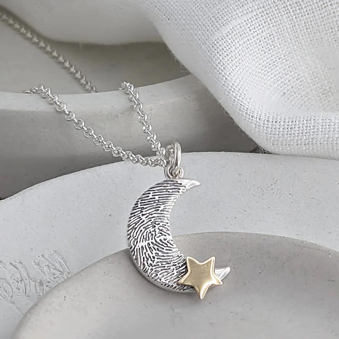 Silver Crescent Moon Fingerprint Necklace With 9ct Gold Star - Etsy
