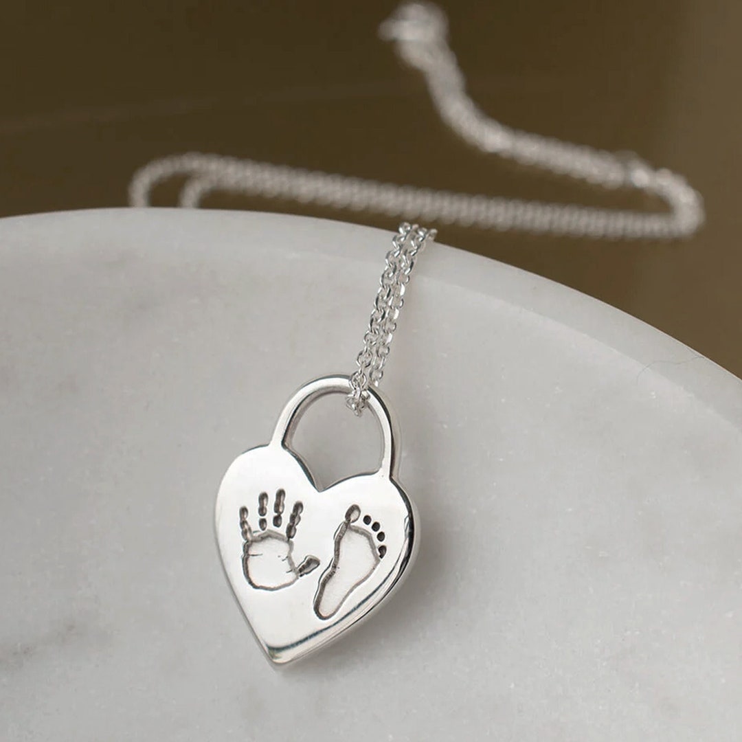 Silver Handprint & Footprint Heart Lock Necklace - Etsy