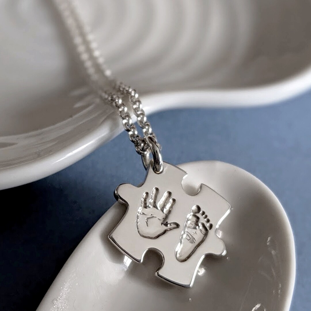 Silver Handprint and Footprint Jigsaw Puzzle Necklace - Etsy