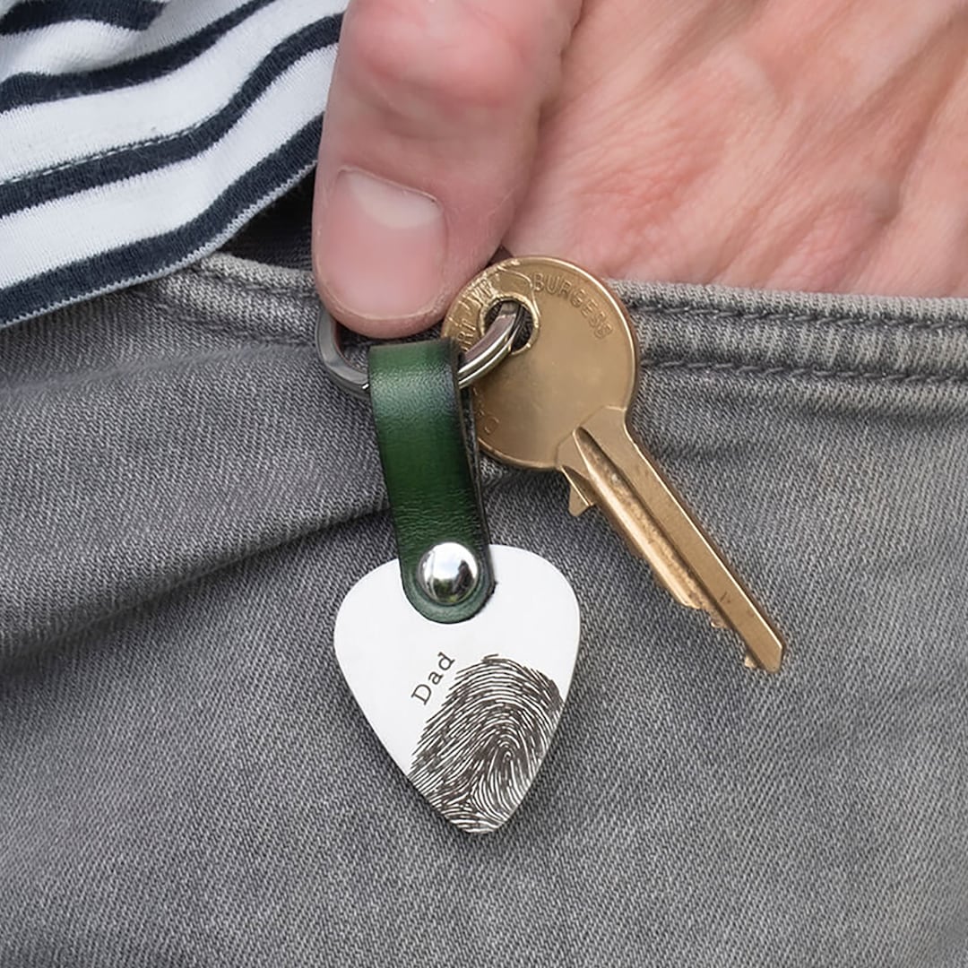 Personalised Fingerprint Leather and Steel Plectrum Keyring - Etsy