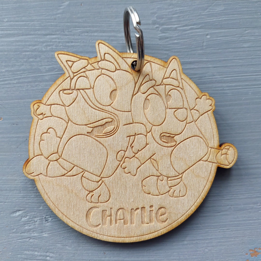 Bluey and Bingo Inspired Wooden Keyrings Book Bag Laser Engraved ...