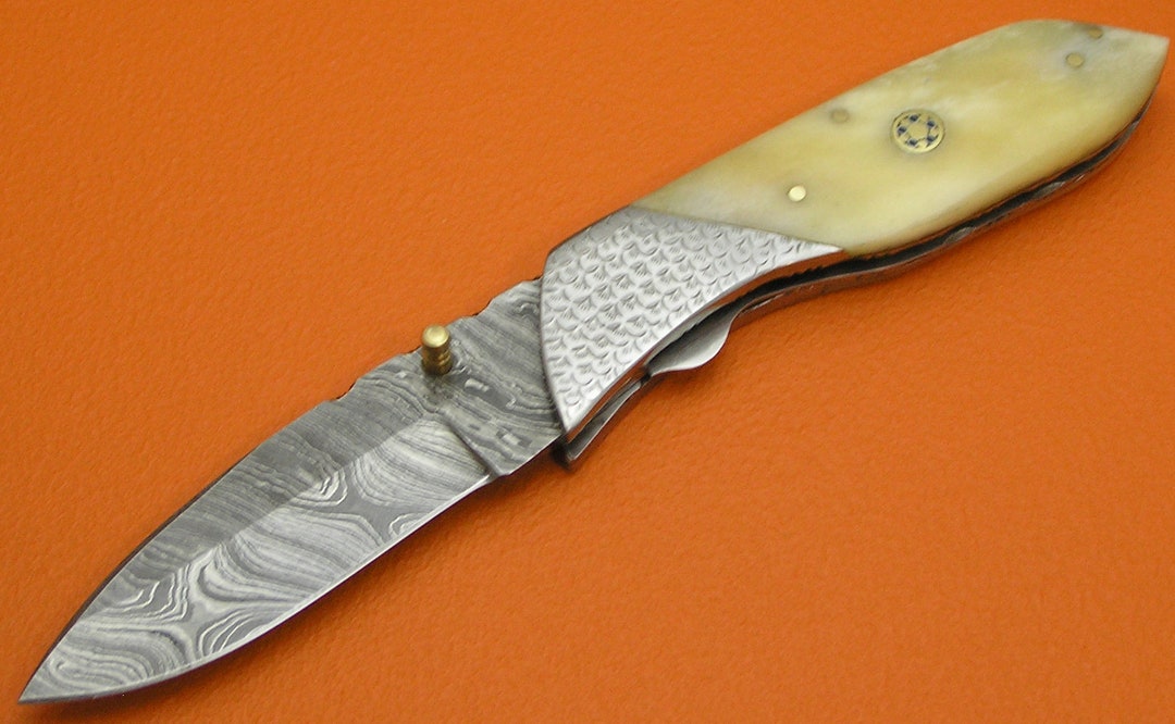 100% Handmade Damascus Steel Camel Bone Liner Lock Pocket Folding Knife Gift for Him Men Dad ...