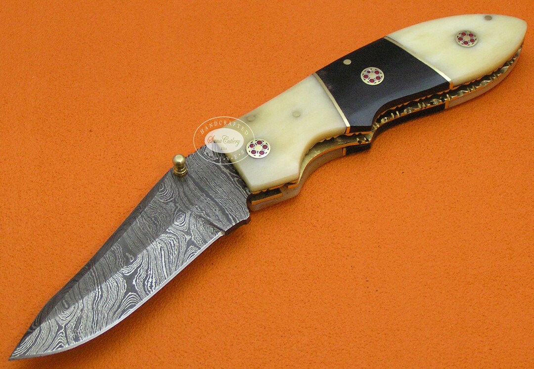 Large Handmade Damascus Bone Buffalo Horn Handle Liner Lock Pocket ...