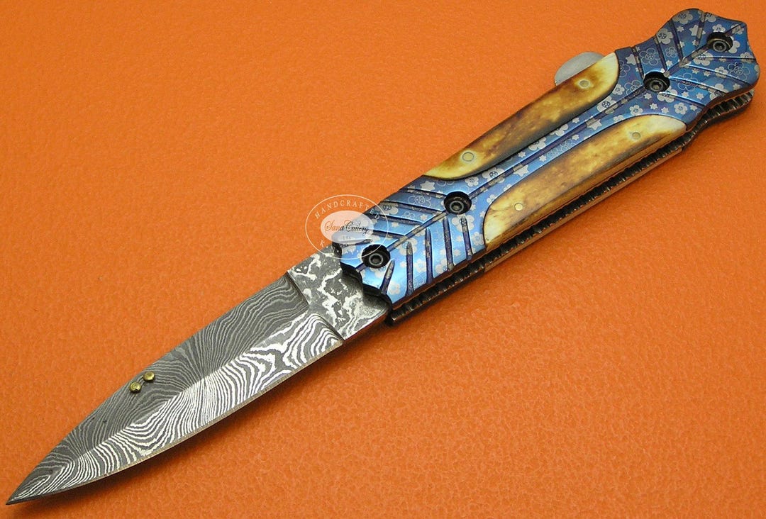Large Forged Damascus Flamed Bone Handle Liner Lock Pocket Folding ...