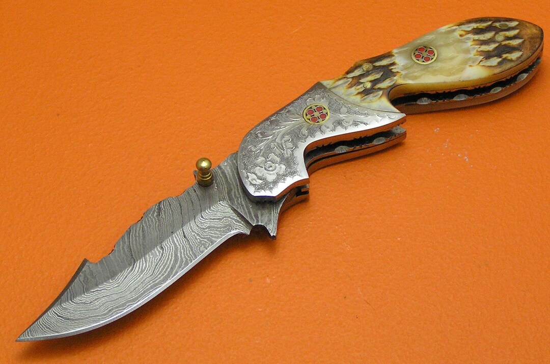 Unique Liner Handmade Damascus Steel Folding Knife Flamed Bone Handle ...
