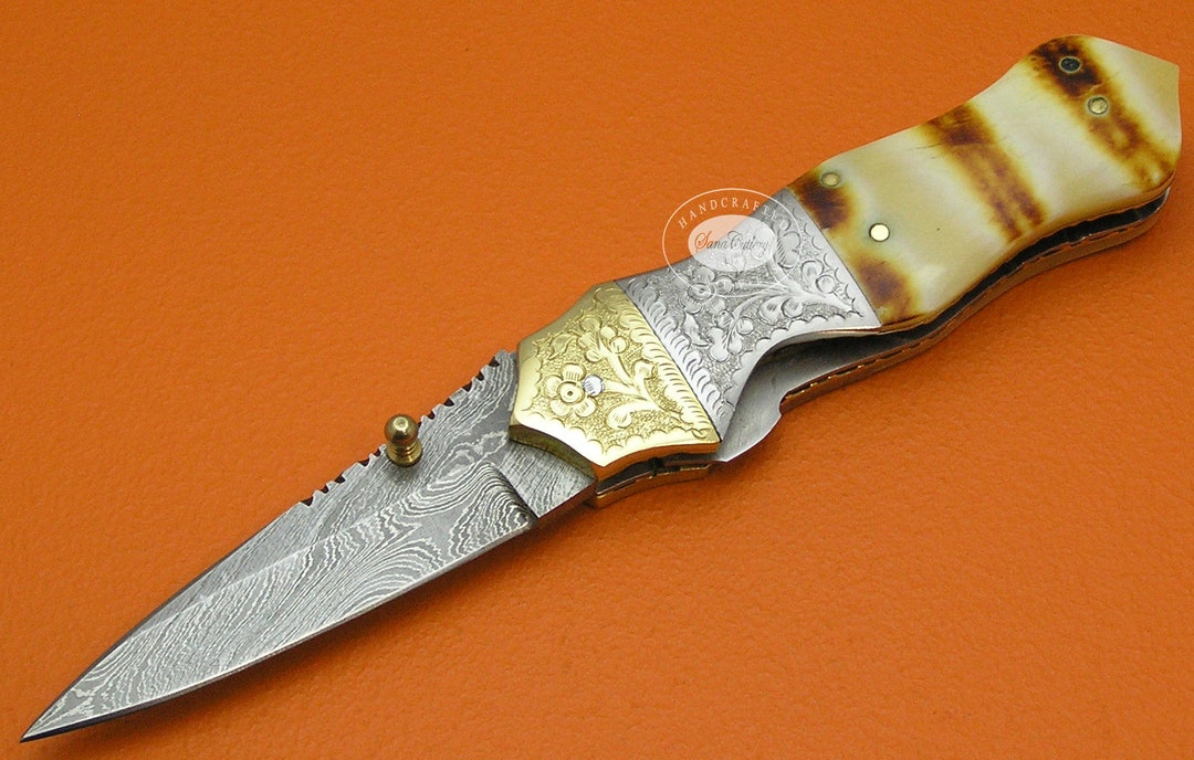 Unique Custom Handcrafted Damascus Steel Flamed Bone Handle Hand ...