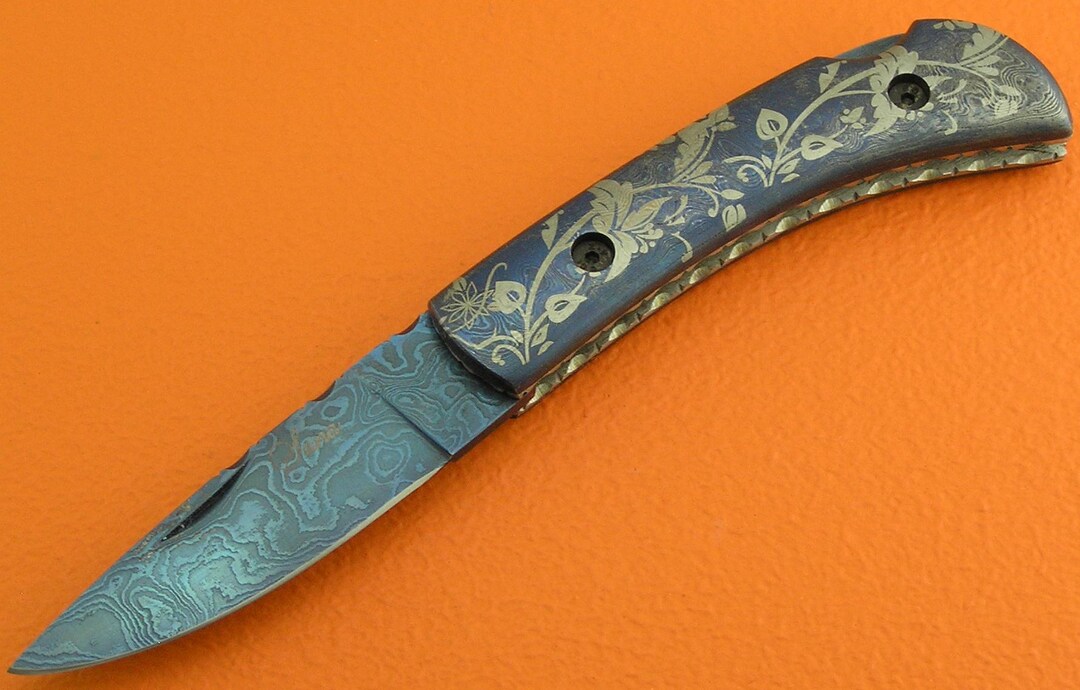 Handmade Titanium Coated Damascus Steel Folding Knife Laser Art Handle ...