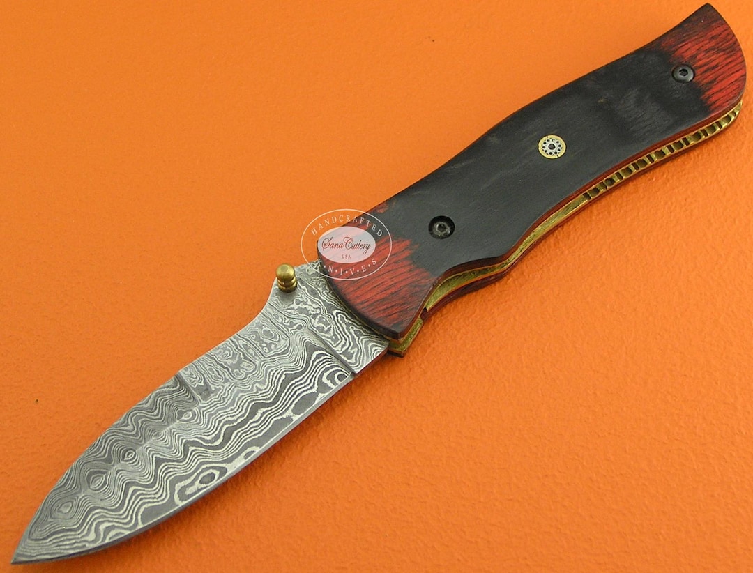 Unique Large Custom Handmade Damascus Steel Folding Knife Black & Red ...