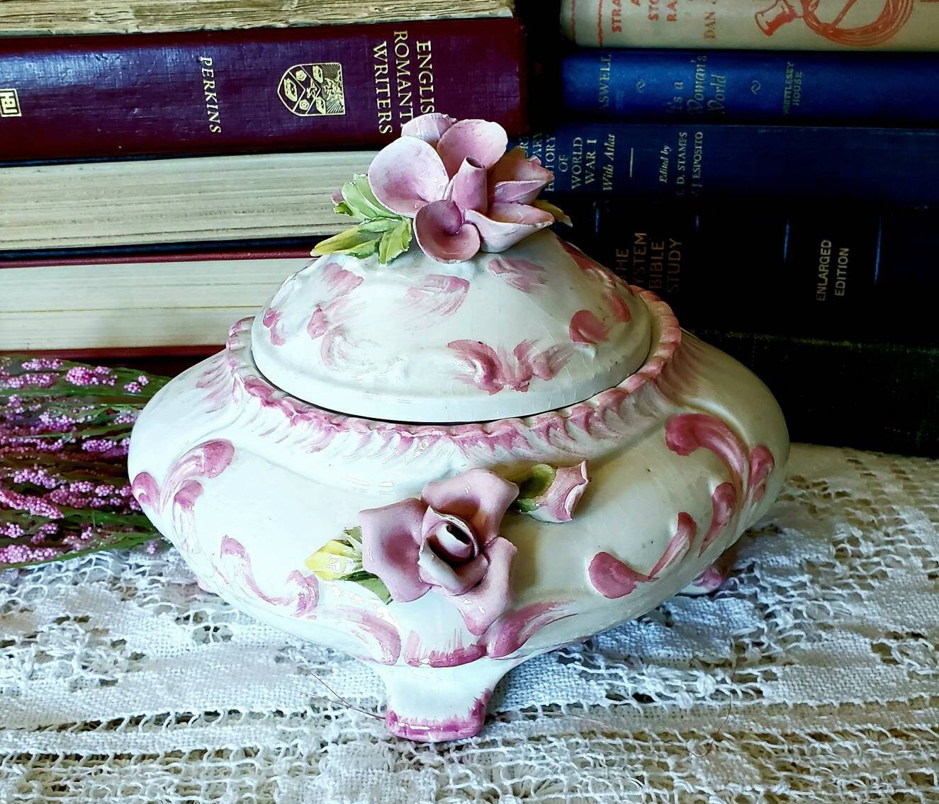 Antique Italian Capodimonte Porcelain Vanity Box Pink Floral - Etsy