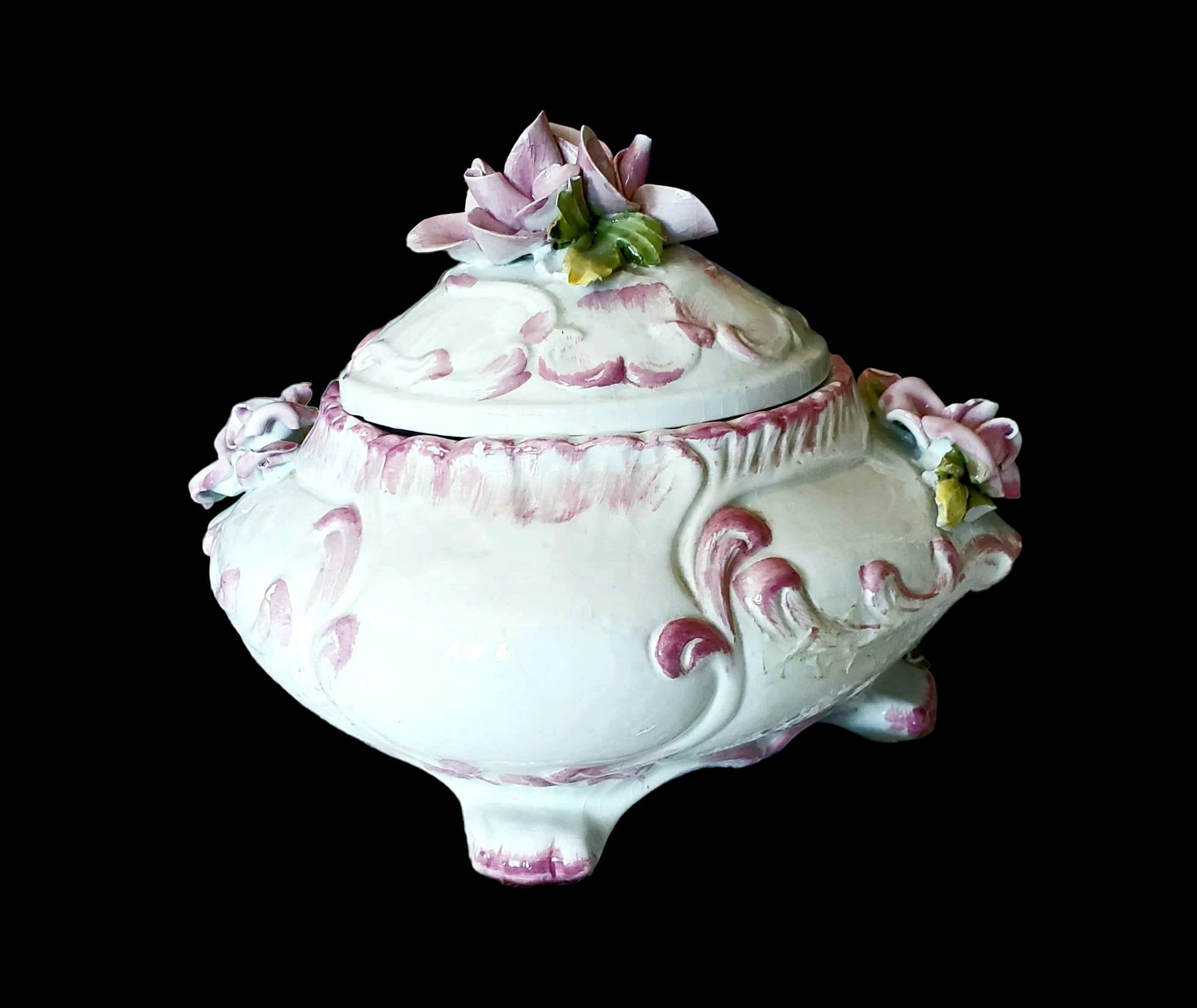 Antique Italian Capodimonte Porcelain Vanity Box Pink Floral - Etsy