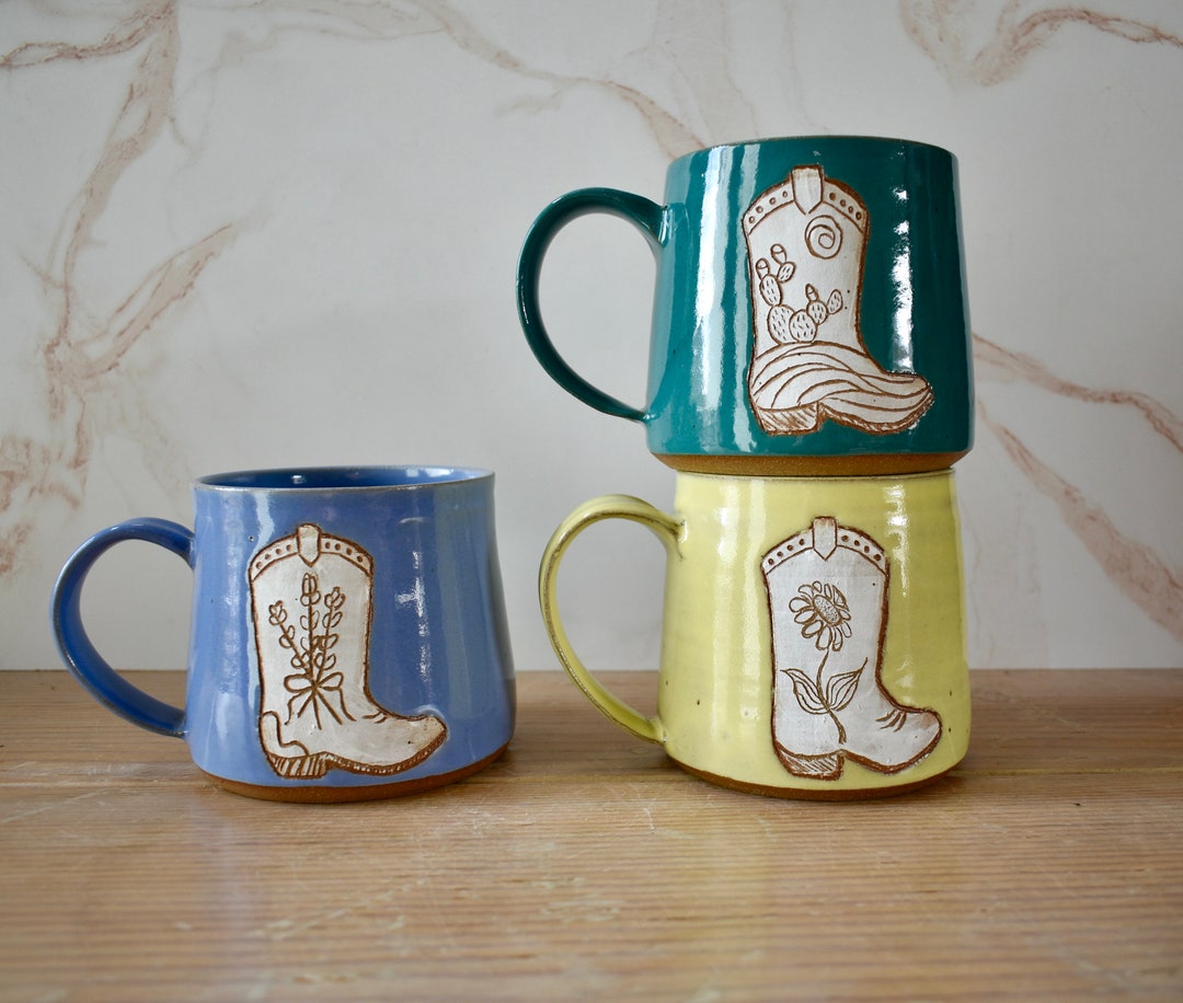 Hand-carved Cowgirl Boot Mugs in Sunflower, Lavender and Desert Cactus ...