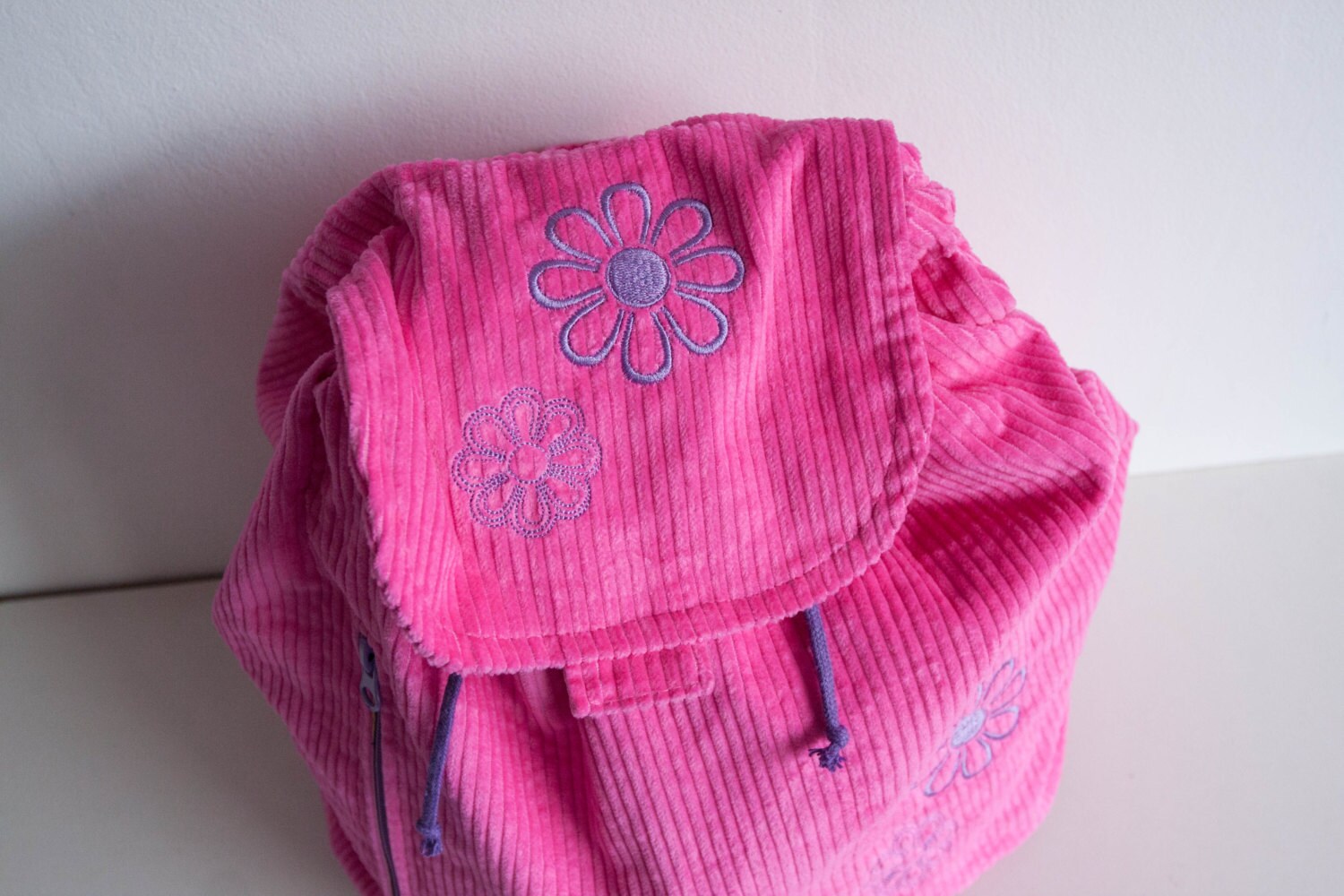 Pink Kids Corduroy Backpack , Flower Detail Bag, Children's Preschool ...