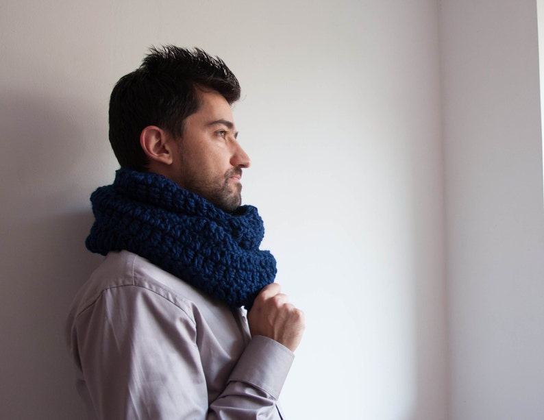 Dark Blue Infinity Scarf Blue Unisex Crochet Cowl Scarf | Etsy