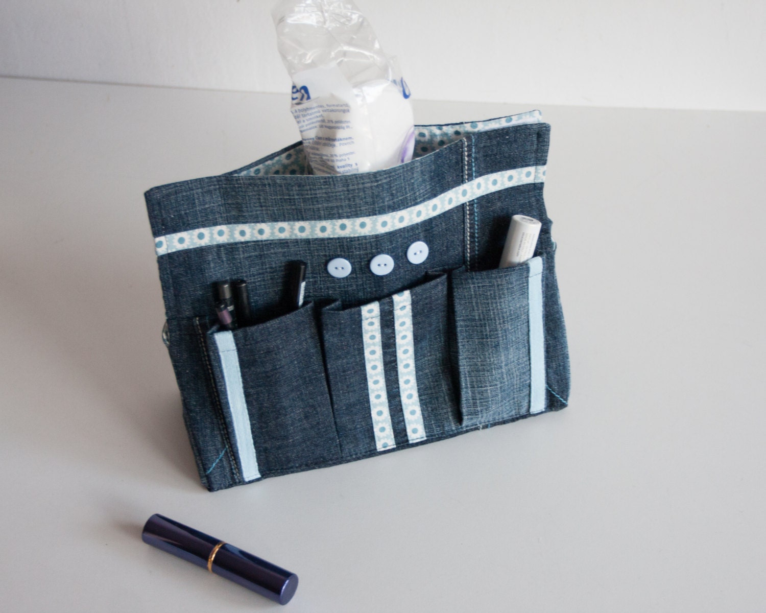 Denim and Blue Storage Bag, Cosmetic Organizer, Six Pocket Tissue Box ...