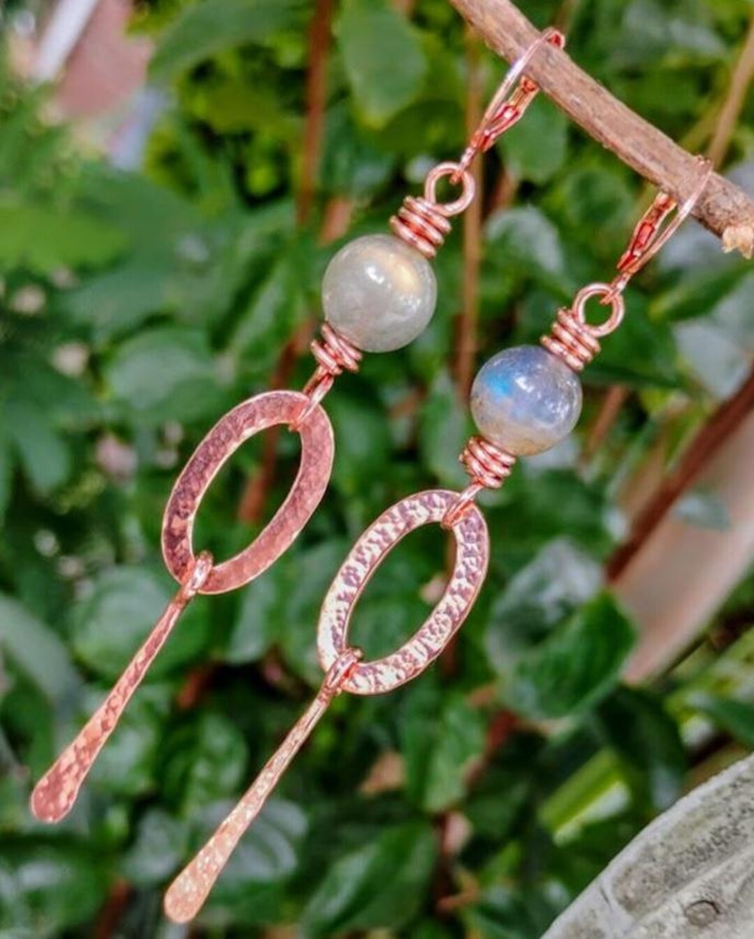 Handmade Long Copper Hammered Flash Labradorite Bead BOHO Dangle ...