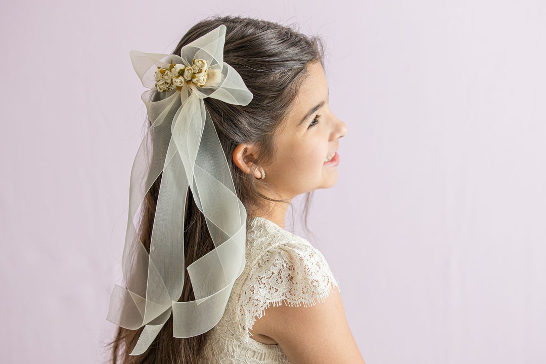 Beige Flower Girl Hairbow, 1st Communion Hair Accessories, White First ...
