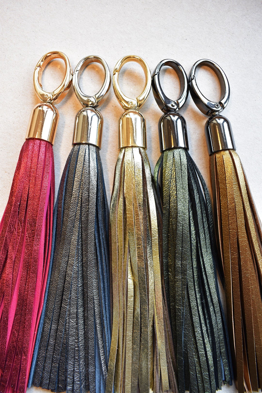 Large Metallic Leather Tassel Keychain, Leather Fringe. Gold, Silver ...