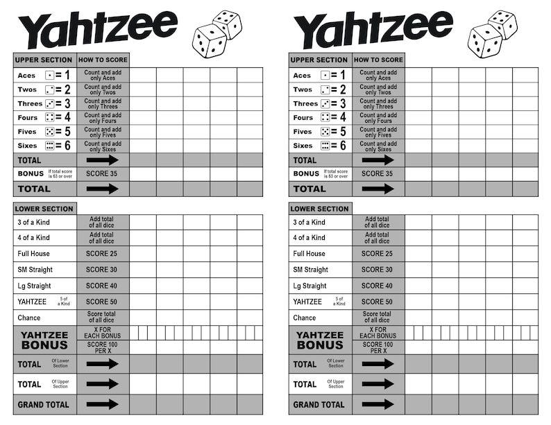 Yahtzee Score Sheet Pdf - Etsy