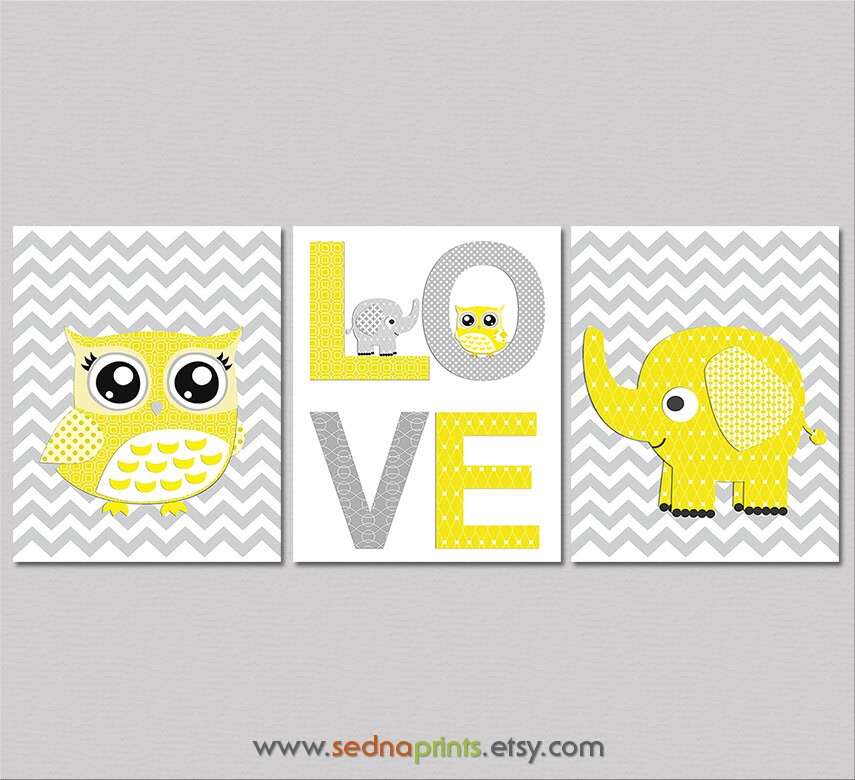 Yellow and Grey Chevron Nursery Art Print Set baby Room Decor, Love ...
