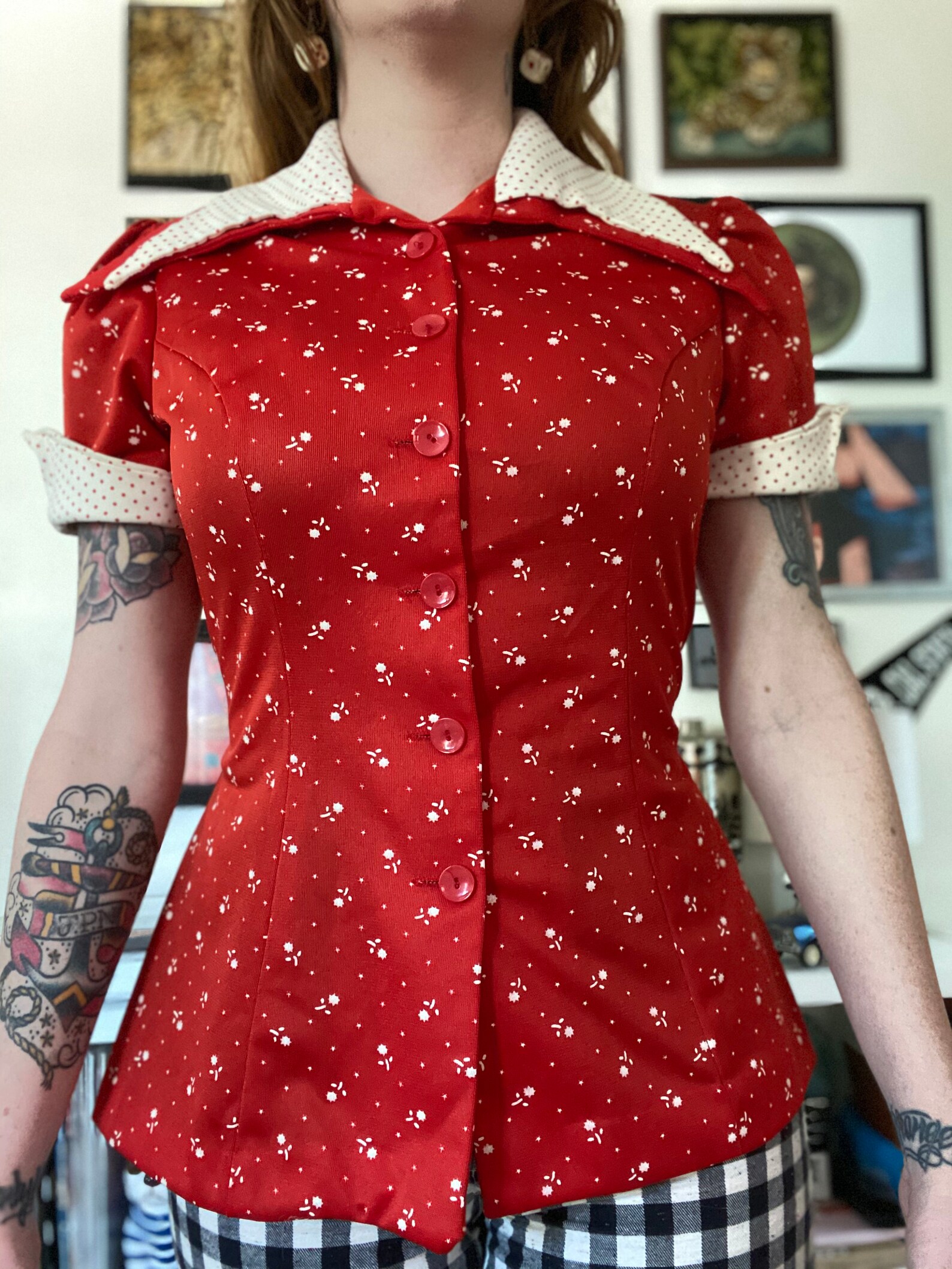 1970's Vintage Red & White Calico Print Dagger Collar - Etsy