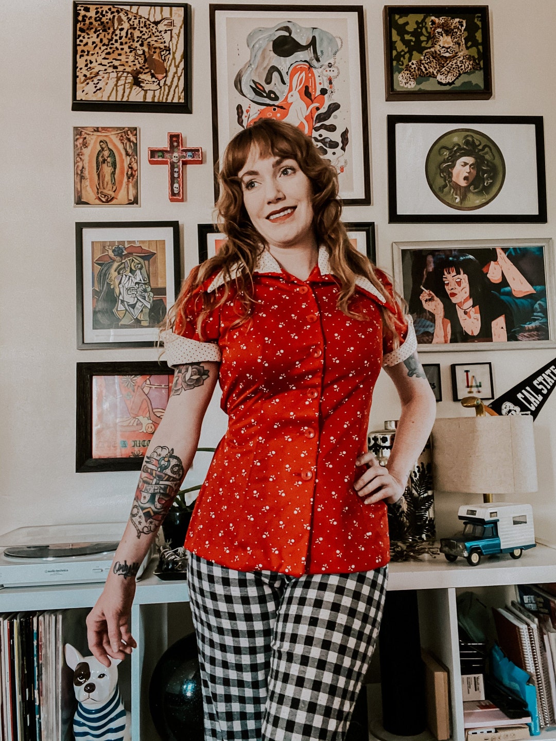 1970's Vintage Red & White Calico Print Dagger Collar Blouse - Etsy