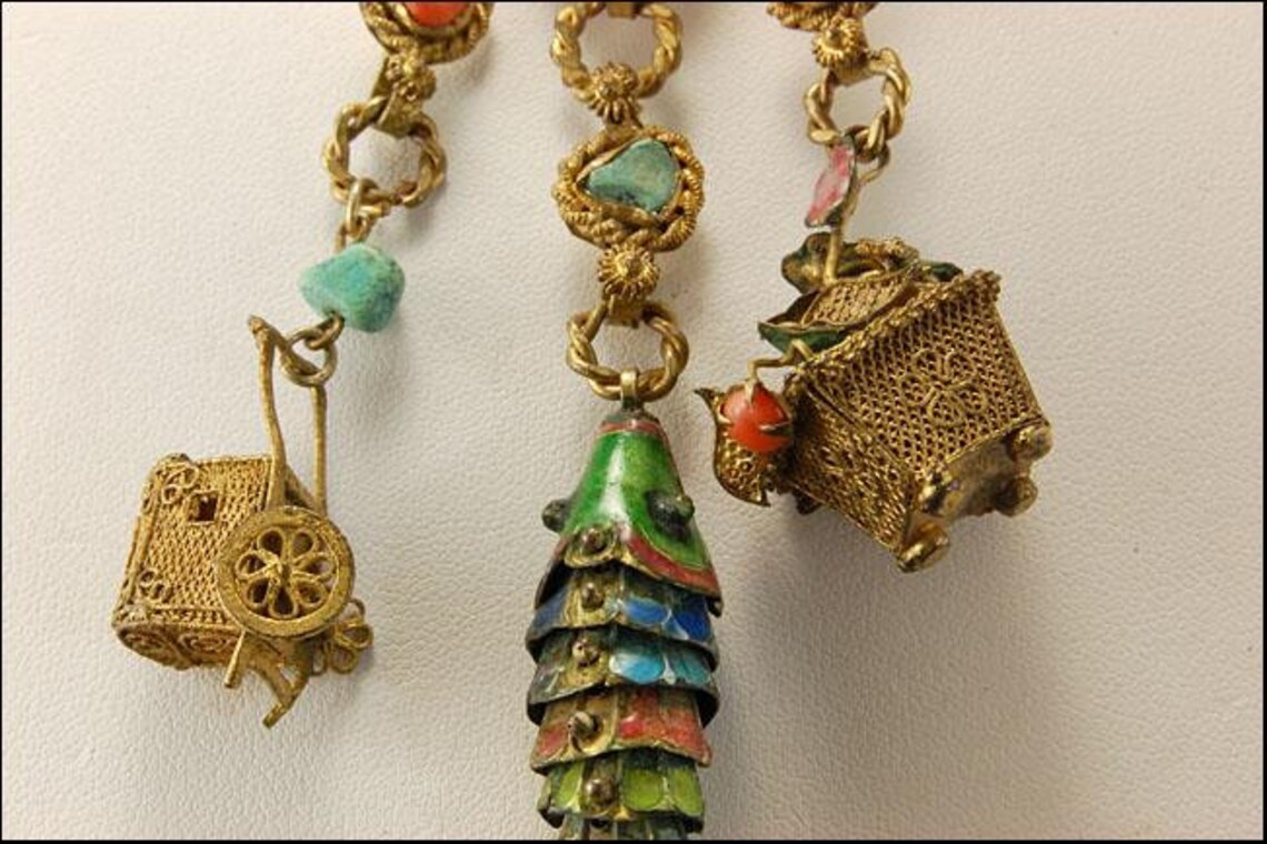 Antique Chinese Coral Turquoise Enamel Fish Rickshaw Gilt Brooch Charms ...