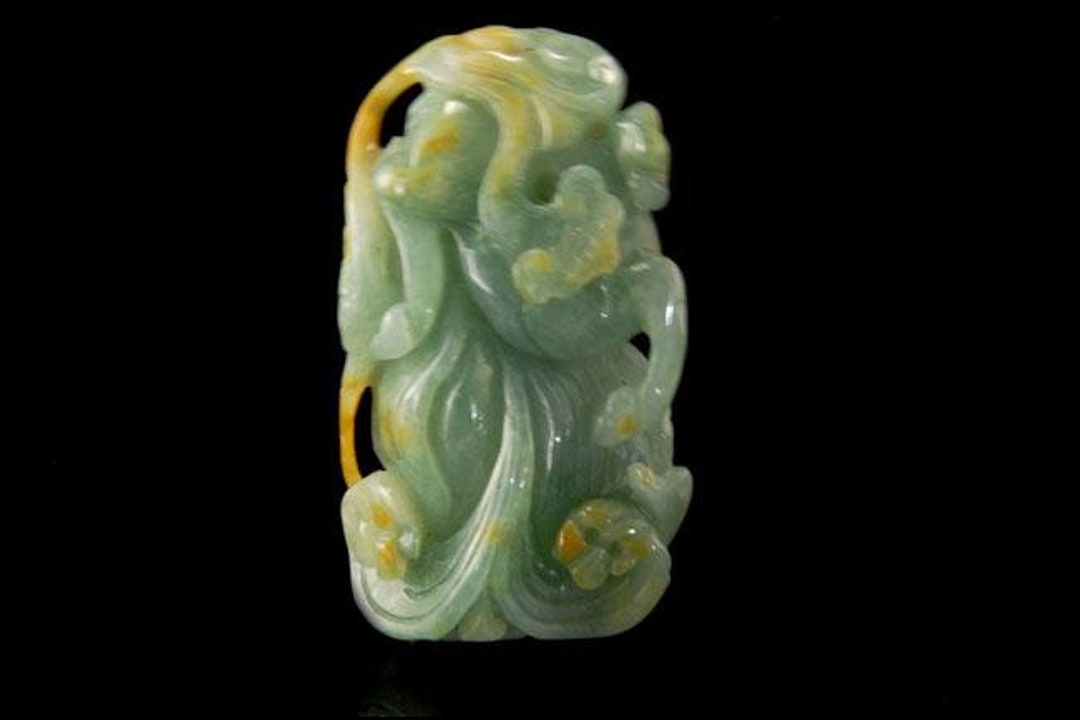 Old Chinese Carved Gery Green Brown Jadeite Deer Fish Ruyi Scene Amulet ...