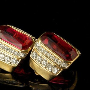 Vintage Nina Ricci Ruby Art Glass Diamond Rhinestone Gold Tone Earrings ...