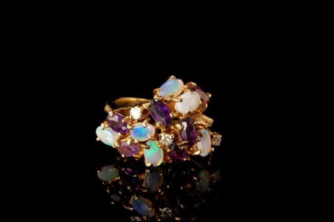 Vintage Sabrina Light Blue Opal Diamond Amethyst 14k Gold Cluster Ring ...