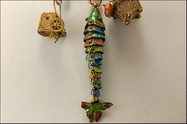 Antique Chinese Coral Turquoise Enamel Fish Rickshaw Gilt Brooch Charms ...