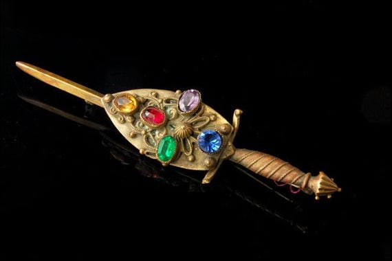 old victorian jeweled art glass brass sword brooch pin - Gem
