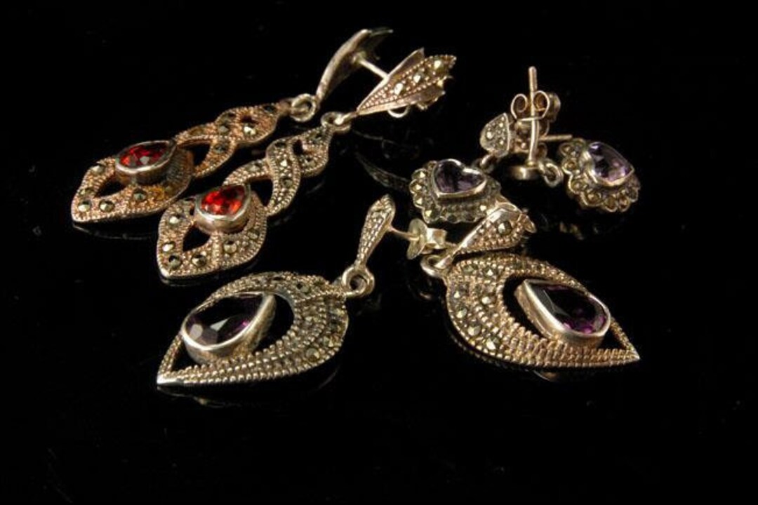 3 Vintage Collection of Marcasite Amethyst Garnet 925 Sterling Dangle ...