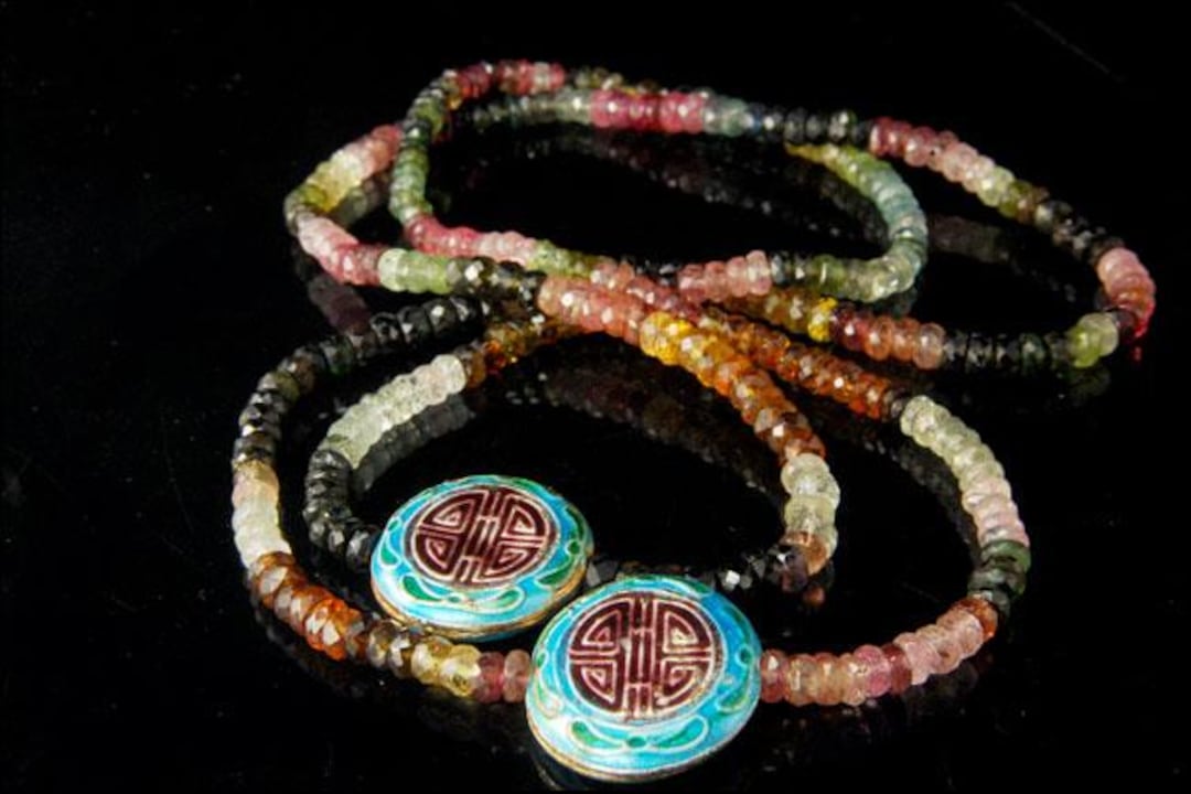 Vintage Chinese Multi Color Faceted Tourmaline Beads Enamel Silver ...