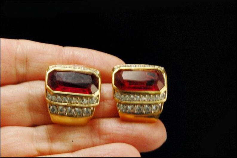 Vintage Nina Ricci Ruby Art Glass Diamond Rhinestone Gold Tone Earrings ...