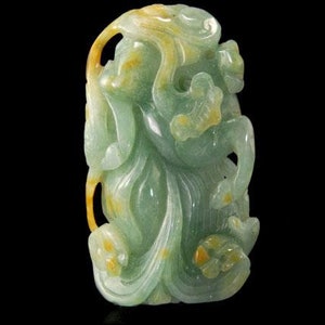 Old Chinese Carved Gery Green Brown Jadeite Deer Fish Ruyi Scene Amulet ...