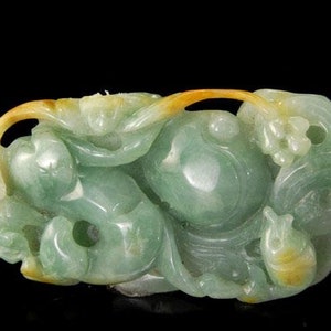Old Chinese Carved Gery Green Brown Jadeite Deer Fish Ruyi Scene Amulet ...