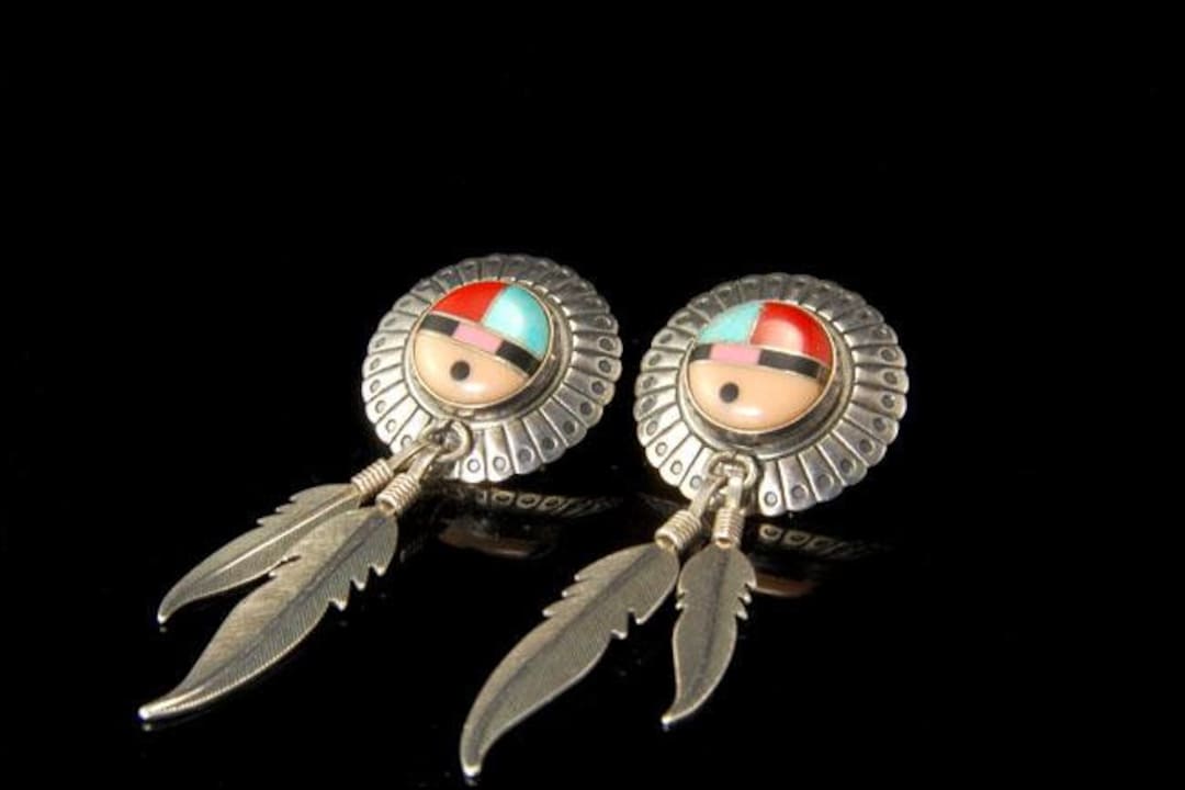 Vintage Zuni Mosaic Turquoise Coral Sterling Feather Sun Dangle ...